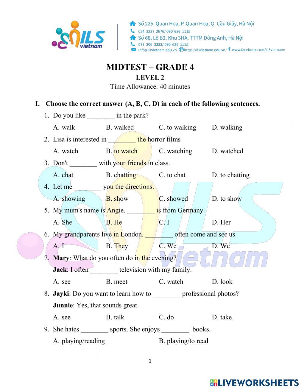 Midtest G4 chung - Level 2 worksheet | Live Worksheets