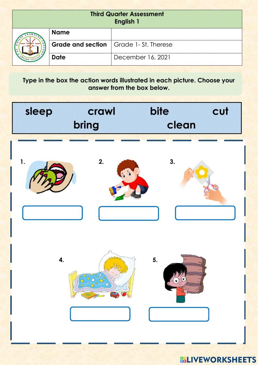 GRADE 1 THIRD QUARTER ASSESSMENT - 20 items online exercise for | Live ...