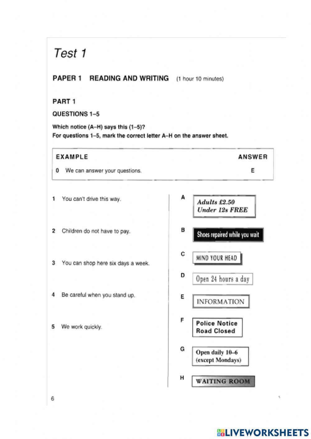 KET reading tes… | Free Interactive Worksheets | 1714673