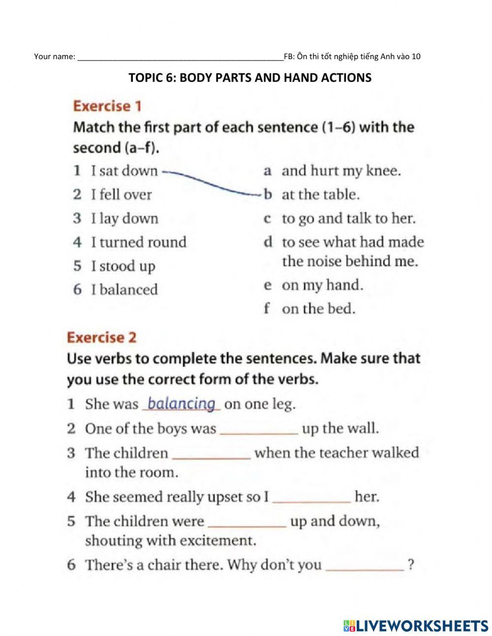 Body and hand actions worksheet | Live Worksheets