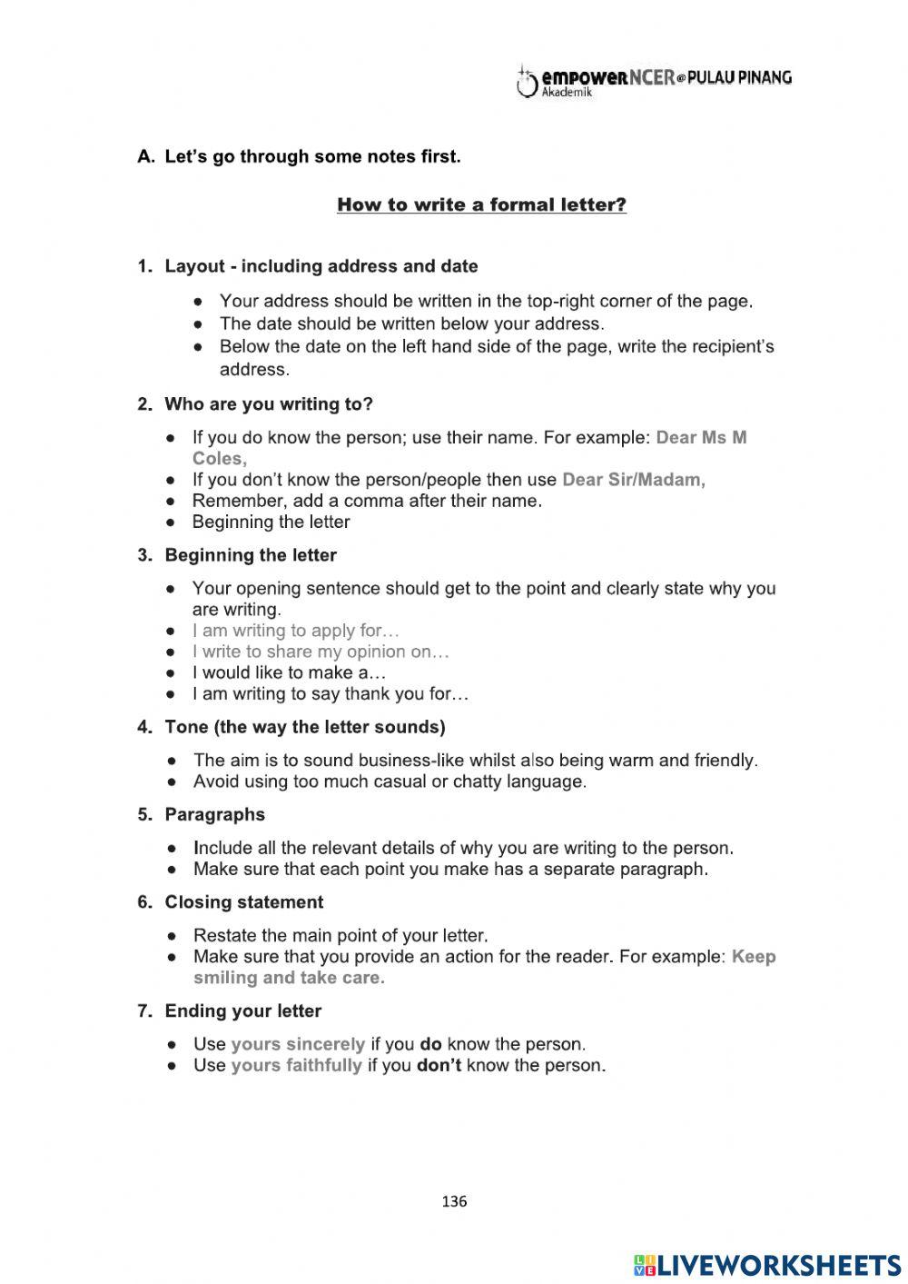 December PAPER 2, PART 3: EXERCISE 1, FORMAL LETTER