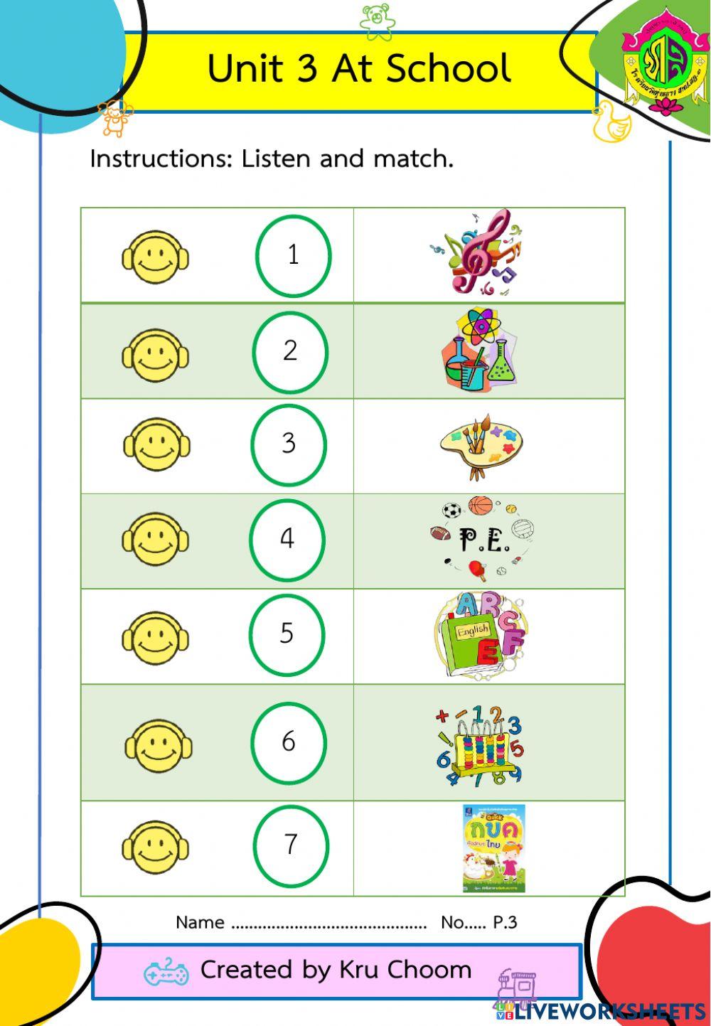 School Subject listen and match worksheet | Live Worksheets