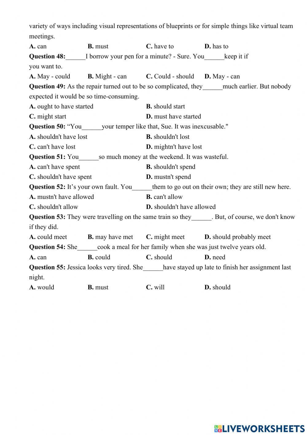 Modal verbs online exercise for 12 | Live Worksheets