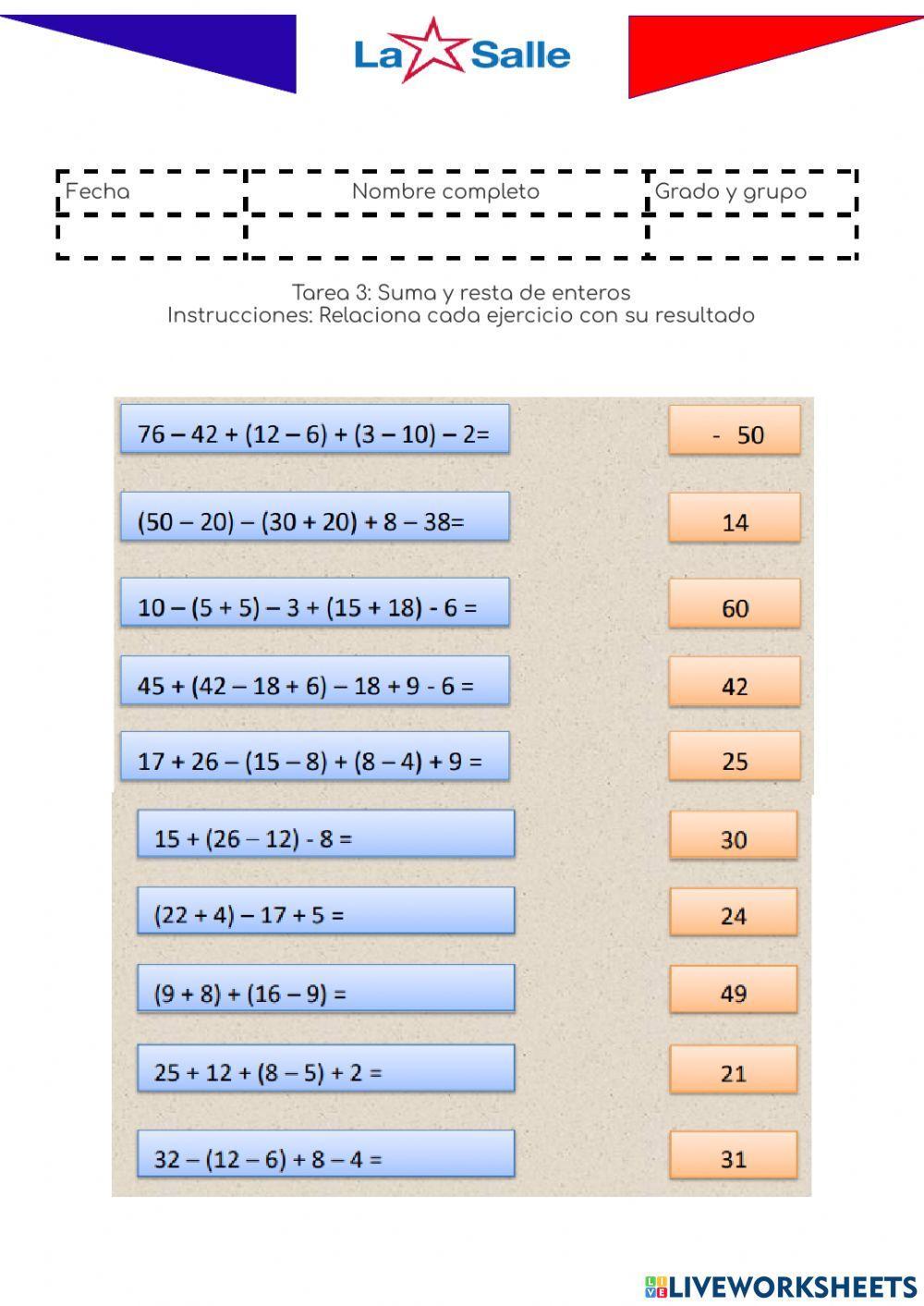 Tarea 3: Suma y resta de enteros worksheet | Live Worksheets