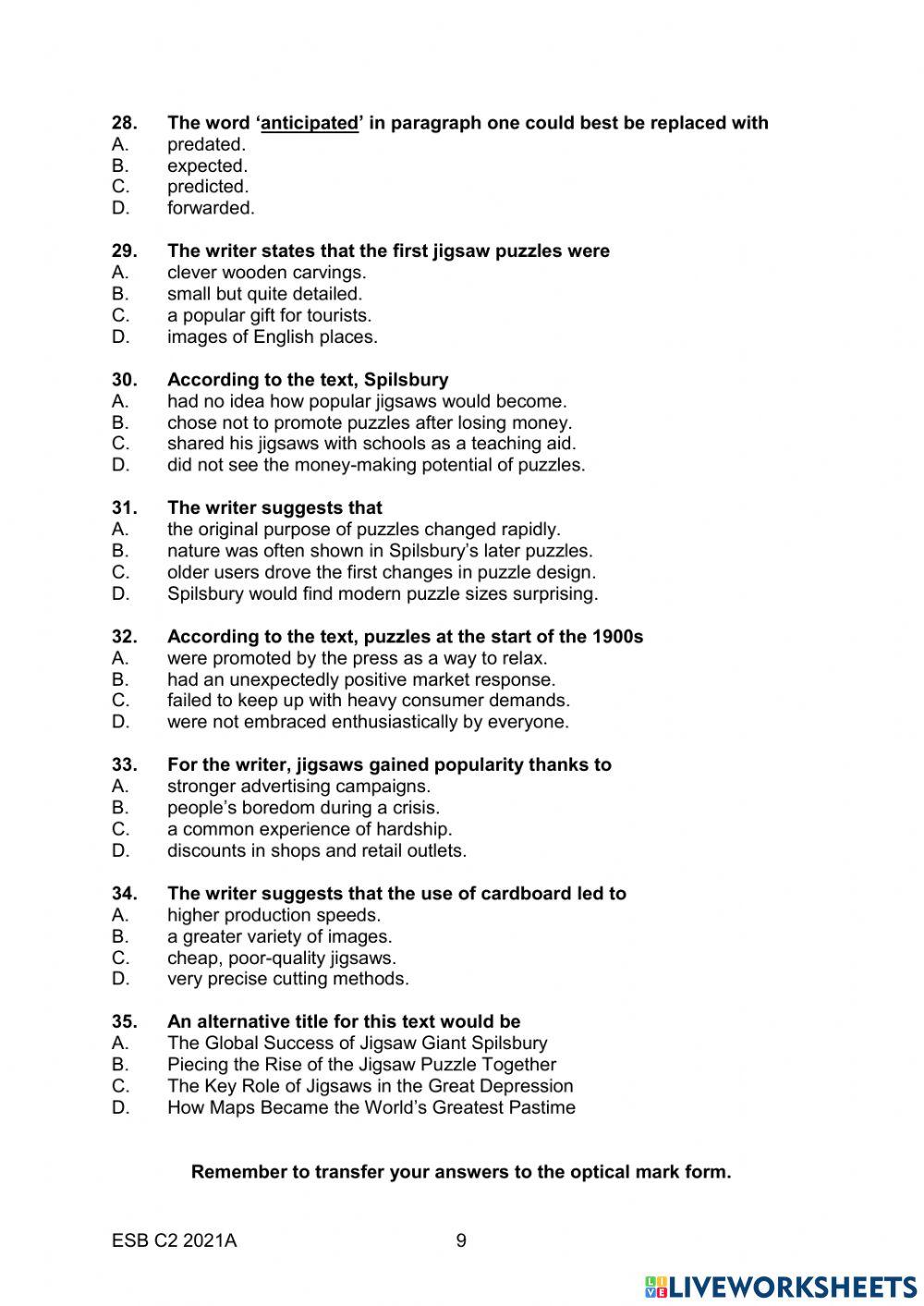 ESB C2 READING … | Free Interactive Worksheets | 2196158