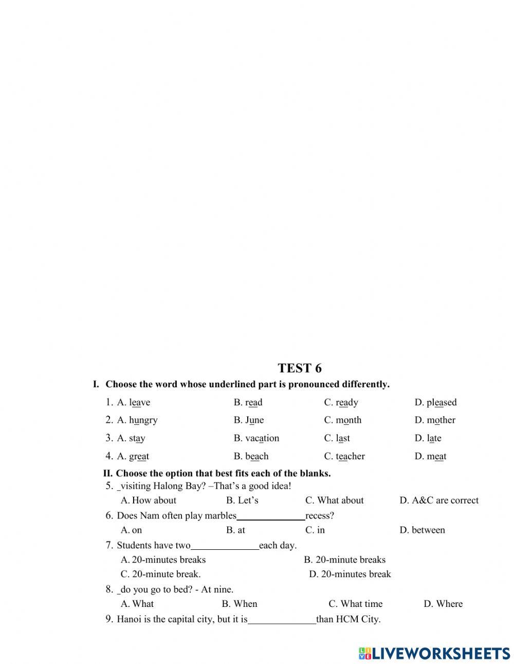 Test 6 online exercise for ENGLISH 7 | Live Worksheets