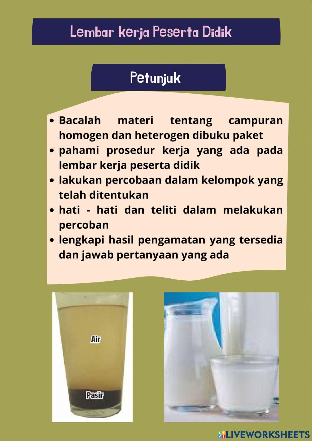 Campuran homogen dan heterogen interactive worksheet | Live Worksheets