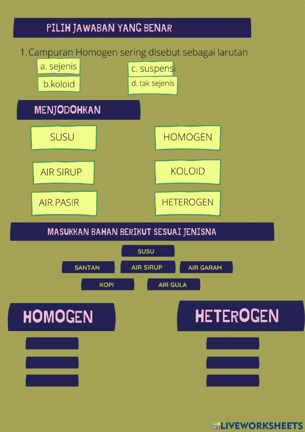 Campuran homogen dan heterogen interactive worksheet | Live Worksheets