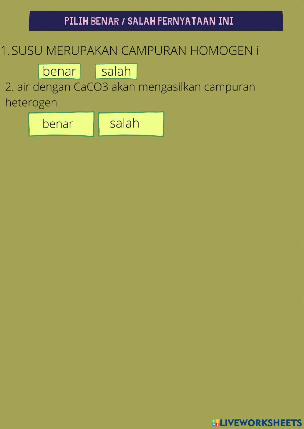 Campuran homogen dan heterogen interactive worksheet | Live Worksheets