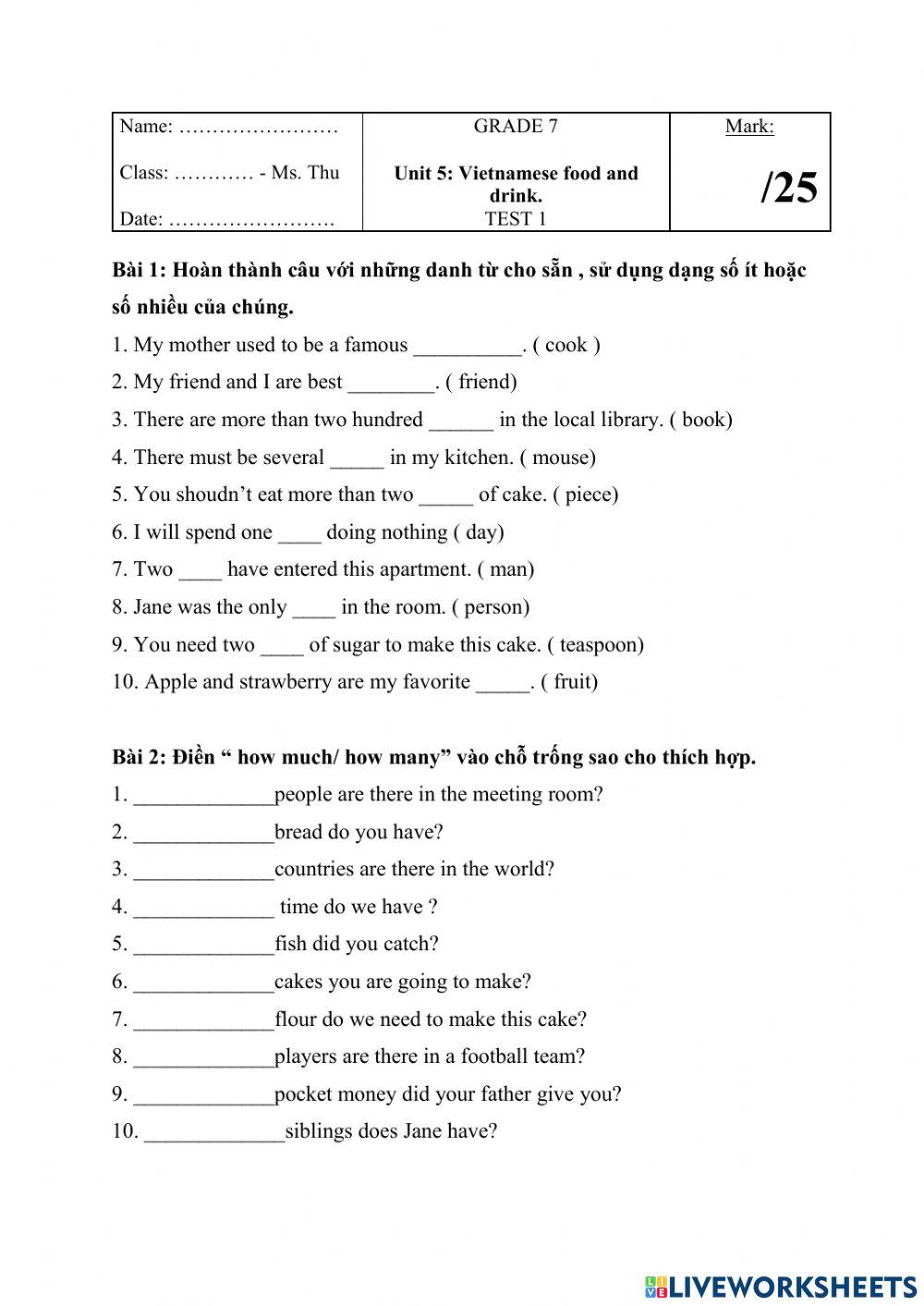 English 7 unit 5 test 1 worksheet | Live Worksheets
