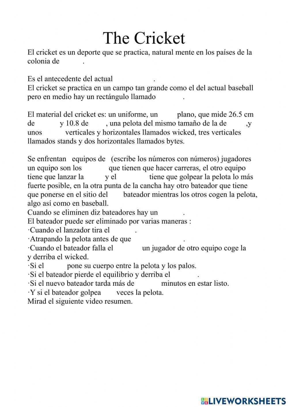 Cricket | Live Worksheets