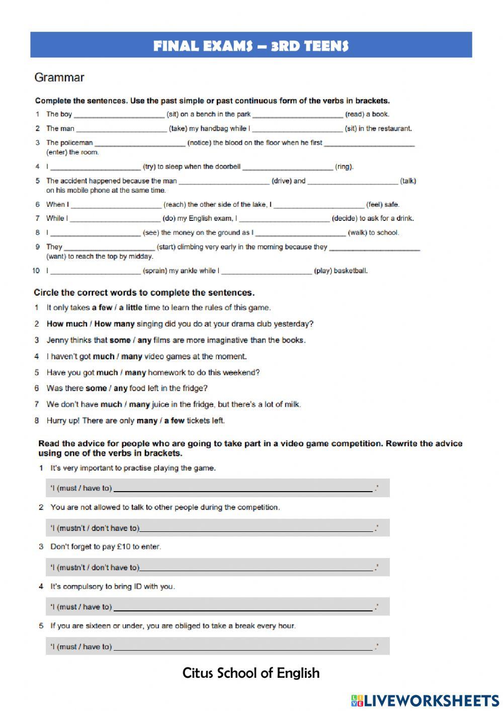 RECUPERATORIO FINAL - 3RD TEENS online exercise for | Live Worksheets