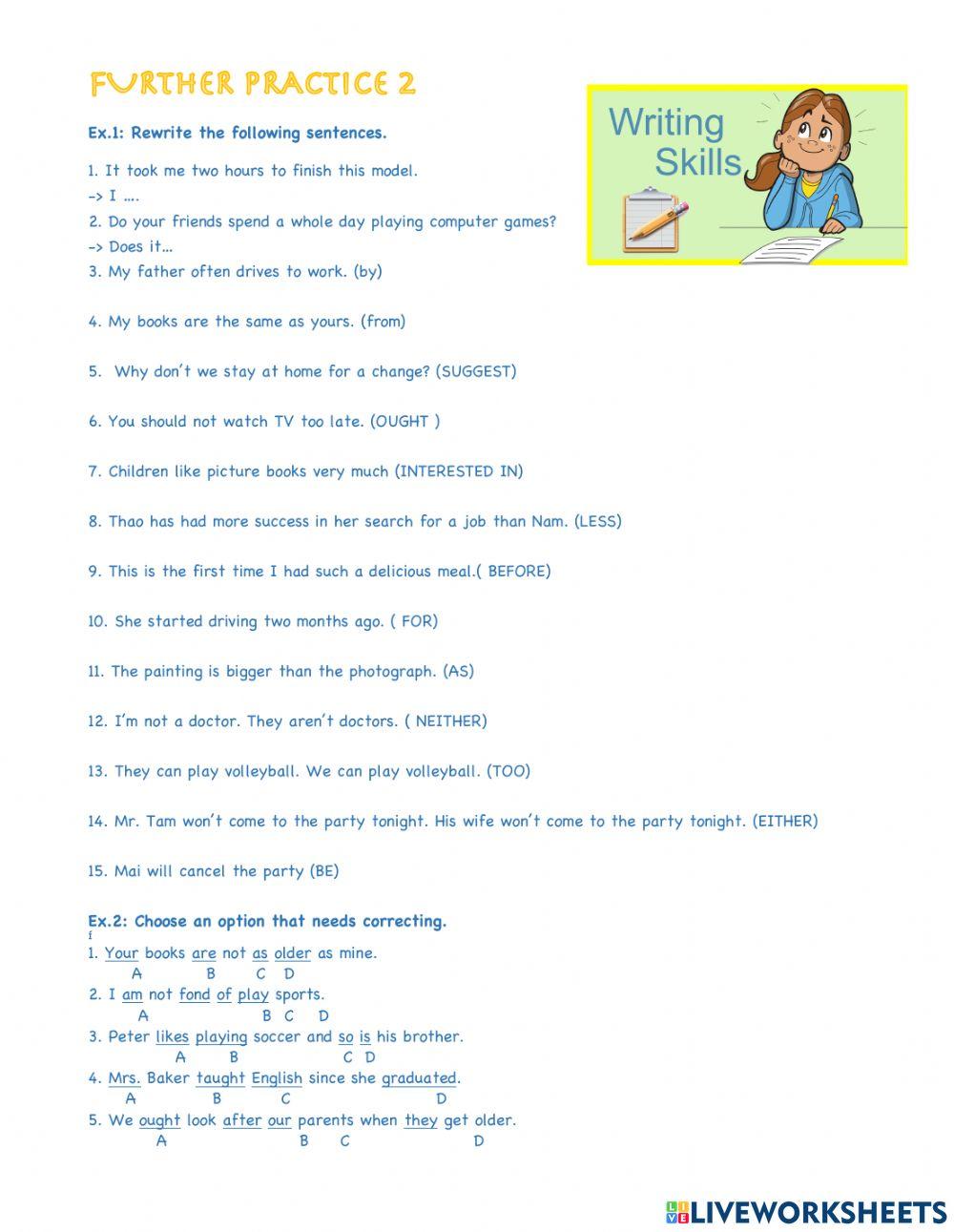 Further practice online worksheet | Live Worksheets