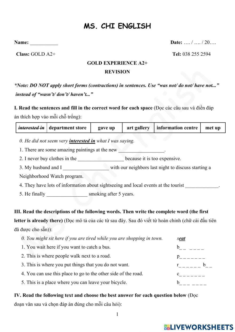 13.12.21-Gold-A2+-Unit1+2-Revision worksheet | Live Worksheets