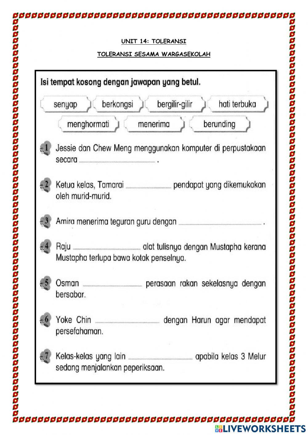 Toleransi Pendidikan Moral exercise | Live Worksheets