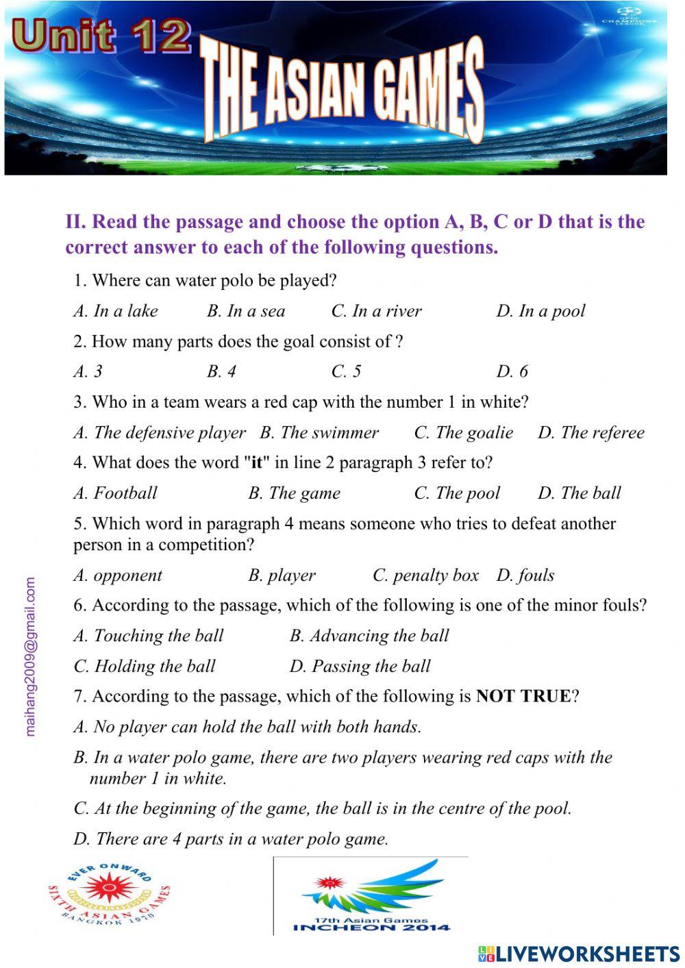 Unit 12: The Asian Games worksheet | Live Worksheets