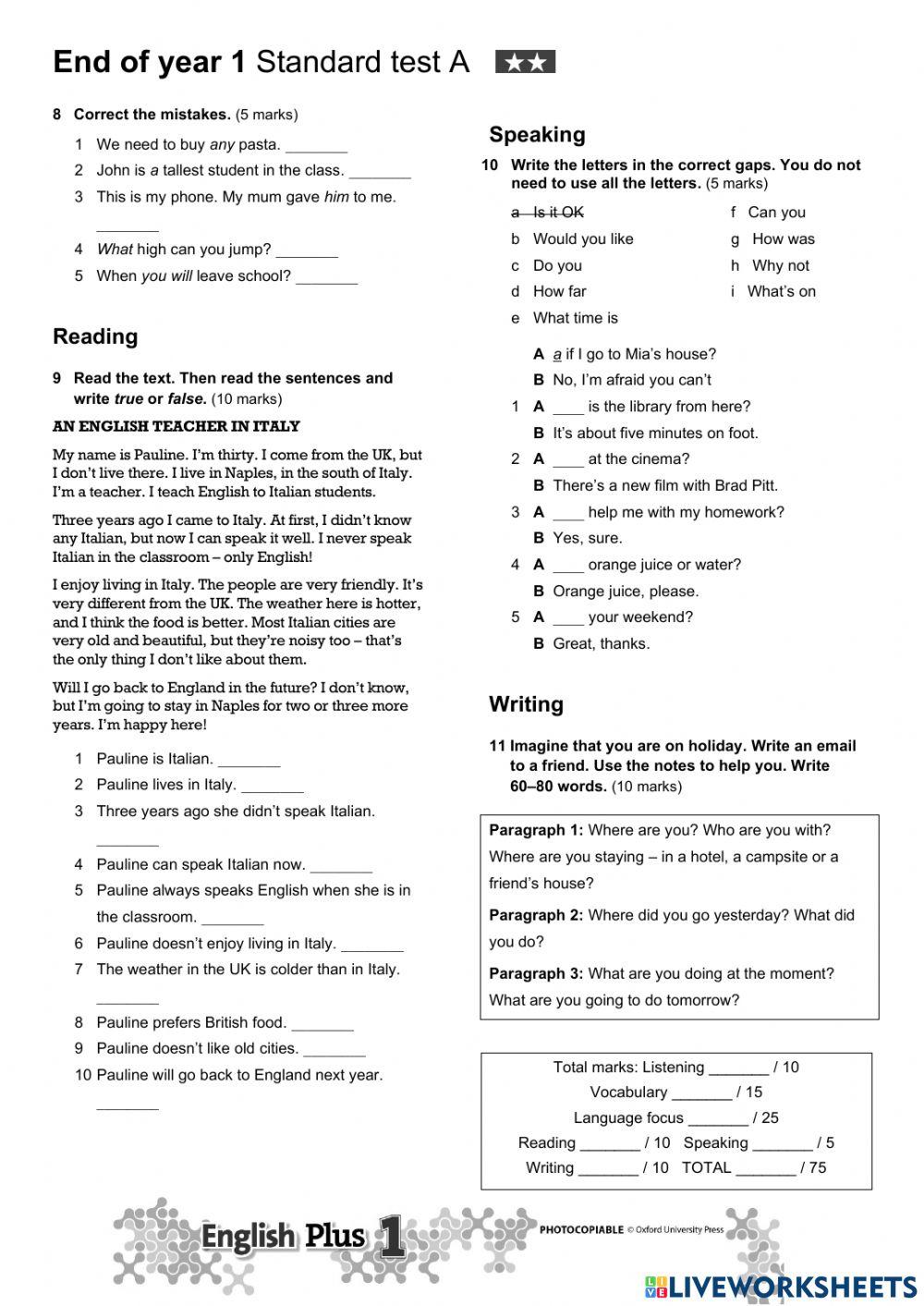 English Plus1 final test online exercise for | Live Worksheets