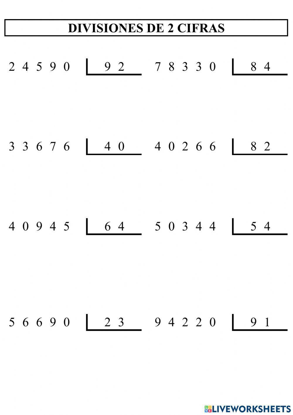 Divisiones por 2 cifras - 1 worksheet | Live Worksheets