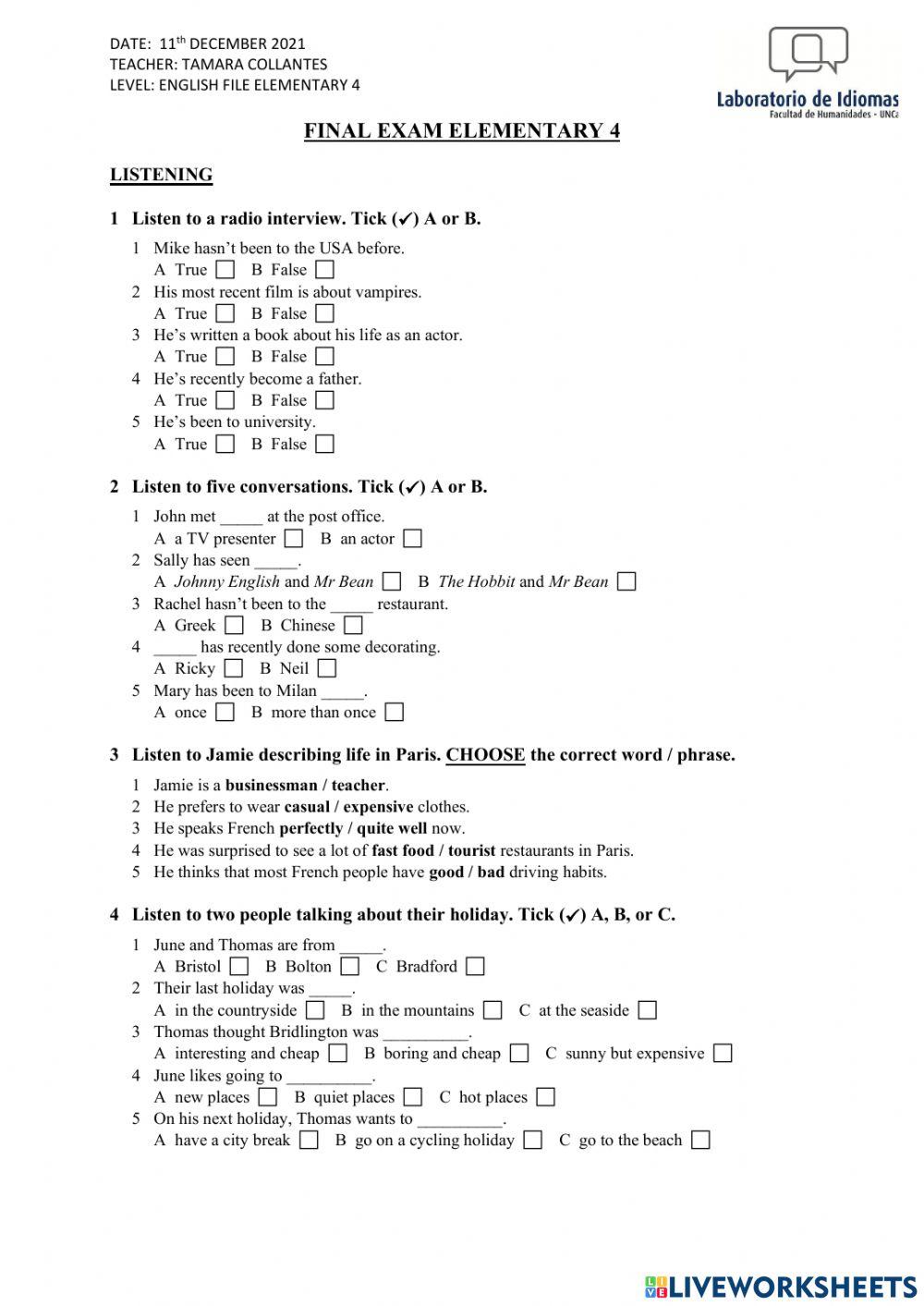 FINAL EXAM ELEMENTARY 4 DECEMBER online exercise for | Live Worksheets