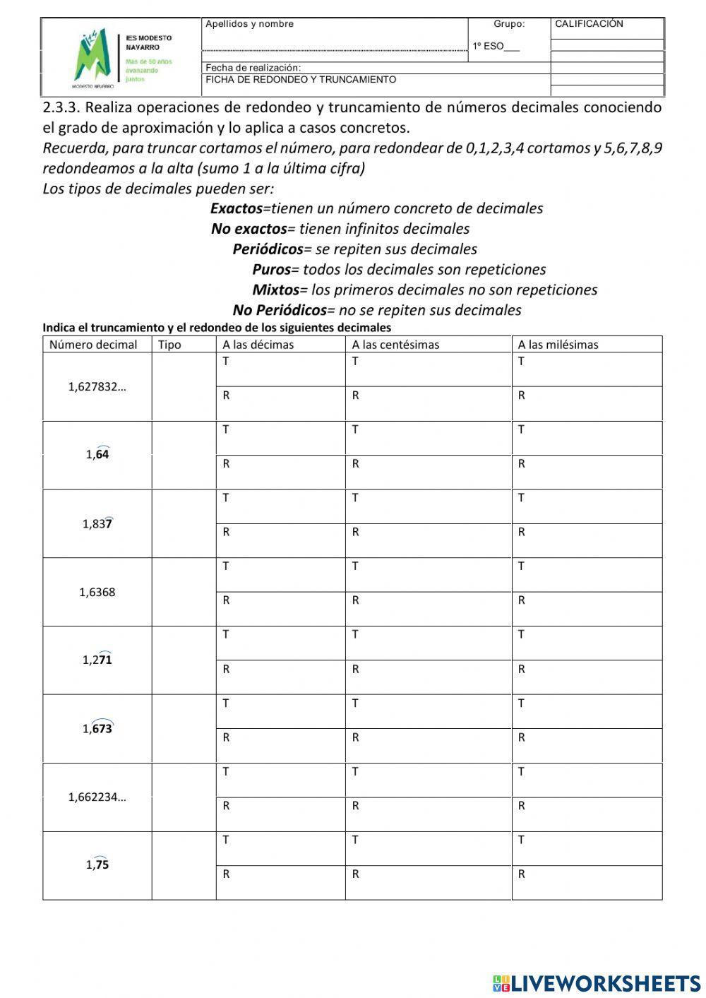 Truncamiento y … | Free Interactive Worksheets | 1719684