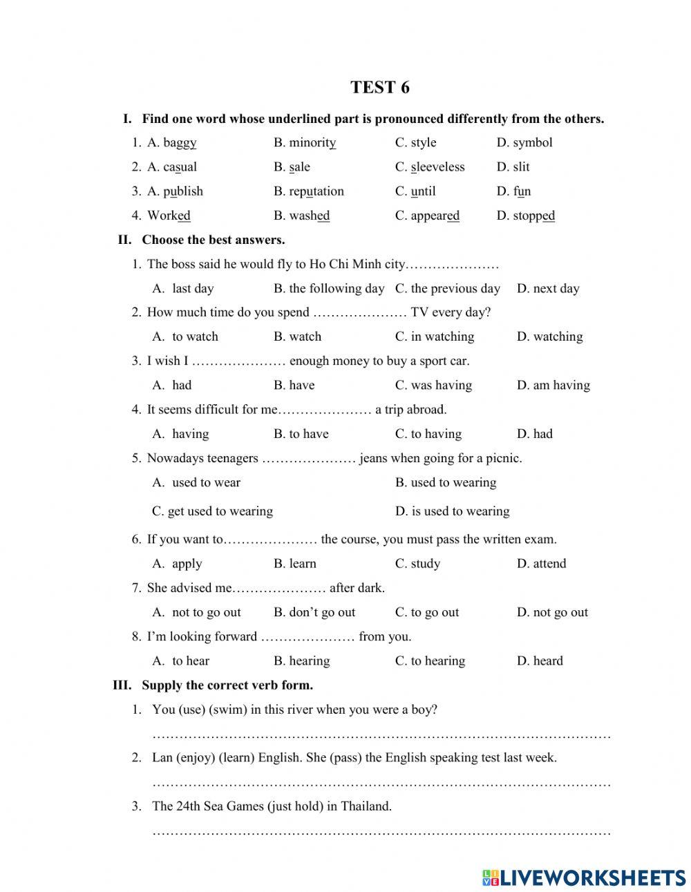 Test 6 exercise for ENGLISH 9 | Live Worksheets