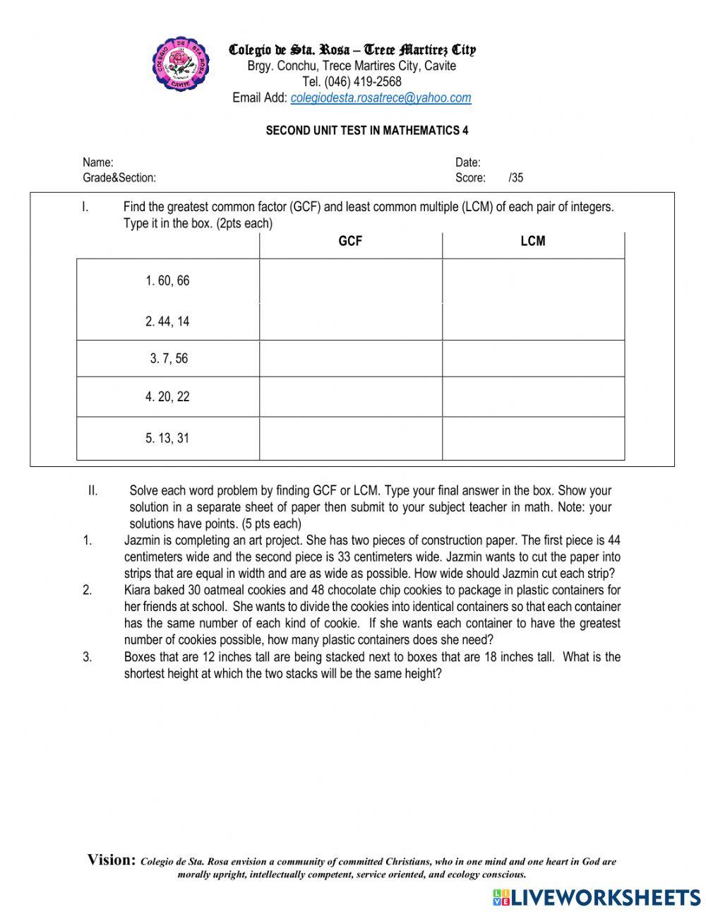 2nd Unit Test Math 4 2623977 | Lucille Angeline Flores