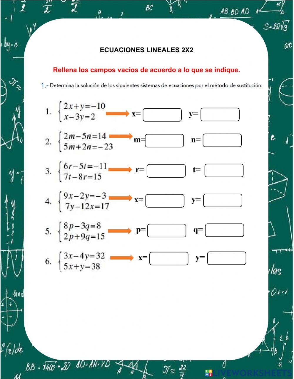 Ecuaciones lineales 2x2 worksheet | Live Worksheets