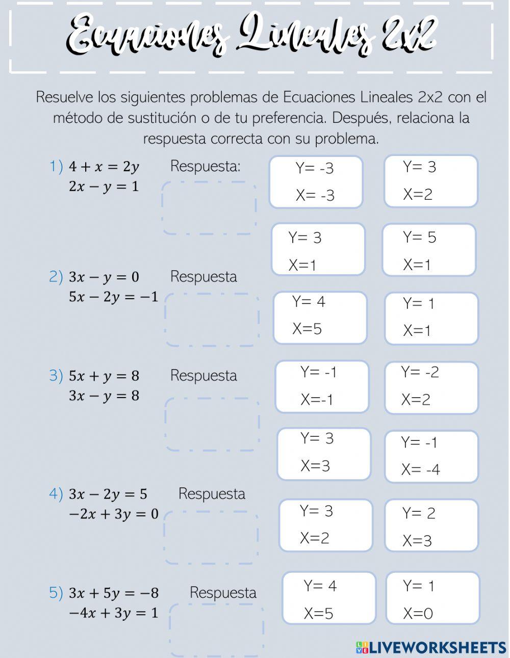 Ecuaciones Lineales 2x2 interactive worksheet | Live Worksheets