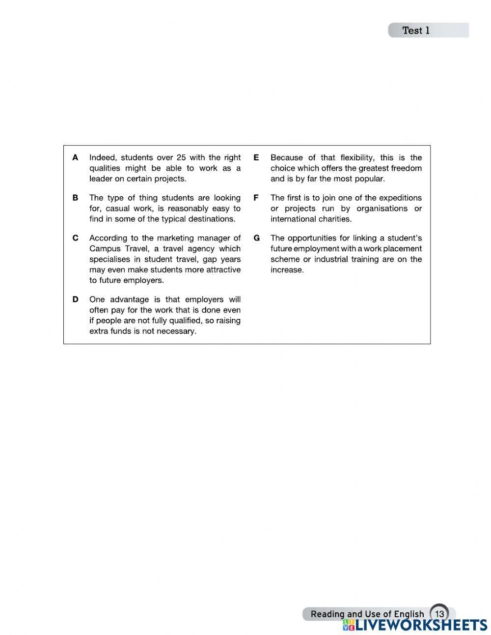 Fce reading parts 5-7 worksheet | Live Worksheets