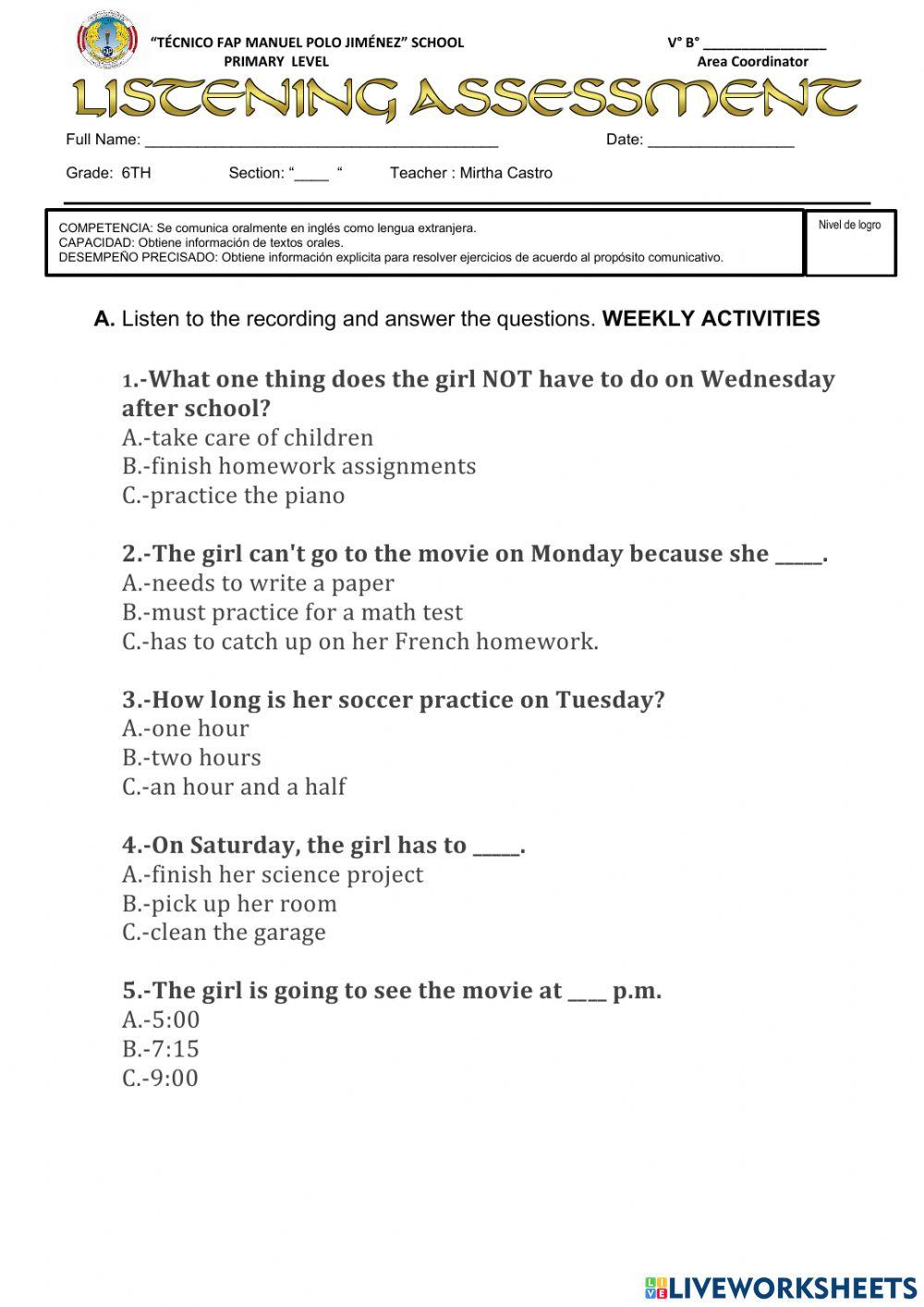 Weekly activities online exercise for ELEMENTARY | Live Worksheets