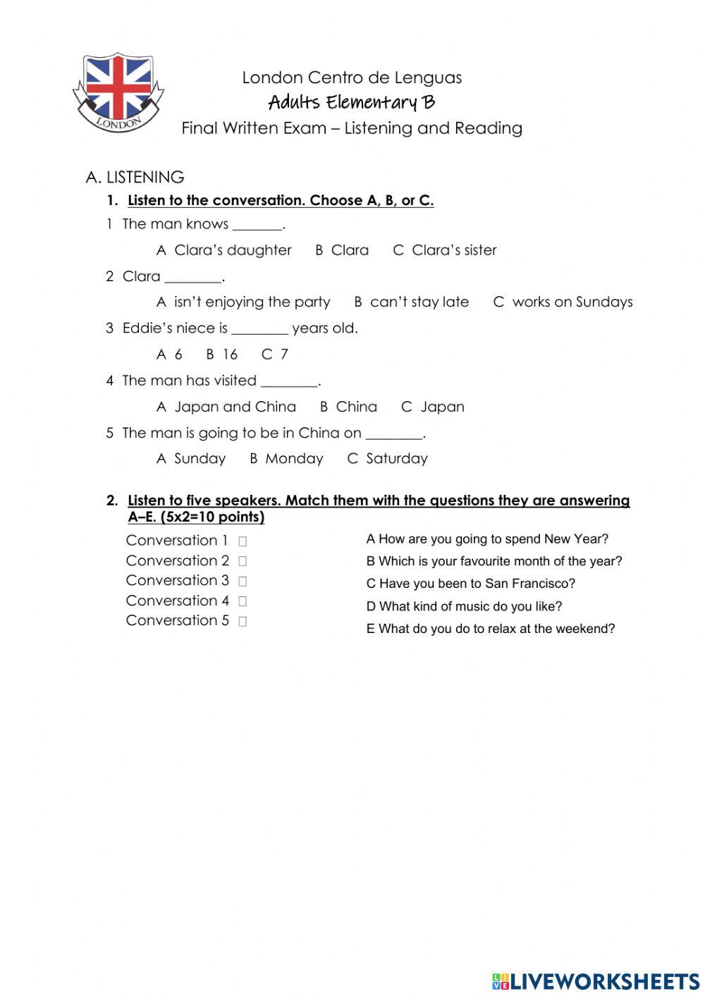 Elementary B - Final Exam - L&R 1720249 | missbarbilondon