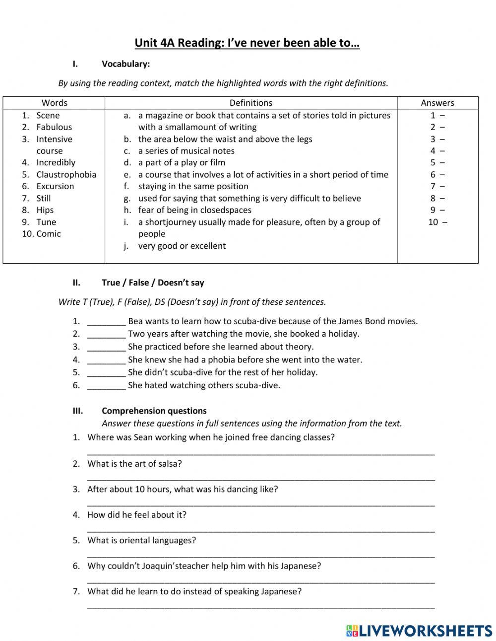 GEP 7A: Unit 4A -Reading page 34 worksheet | Live Worksheets