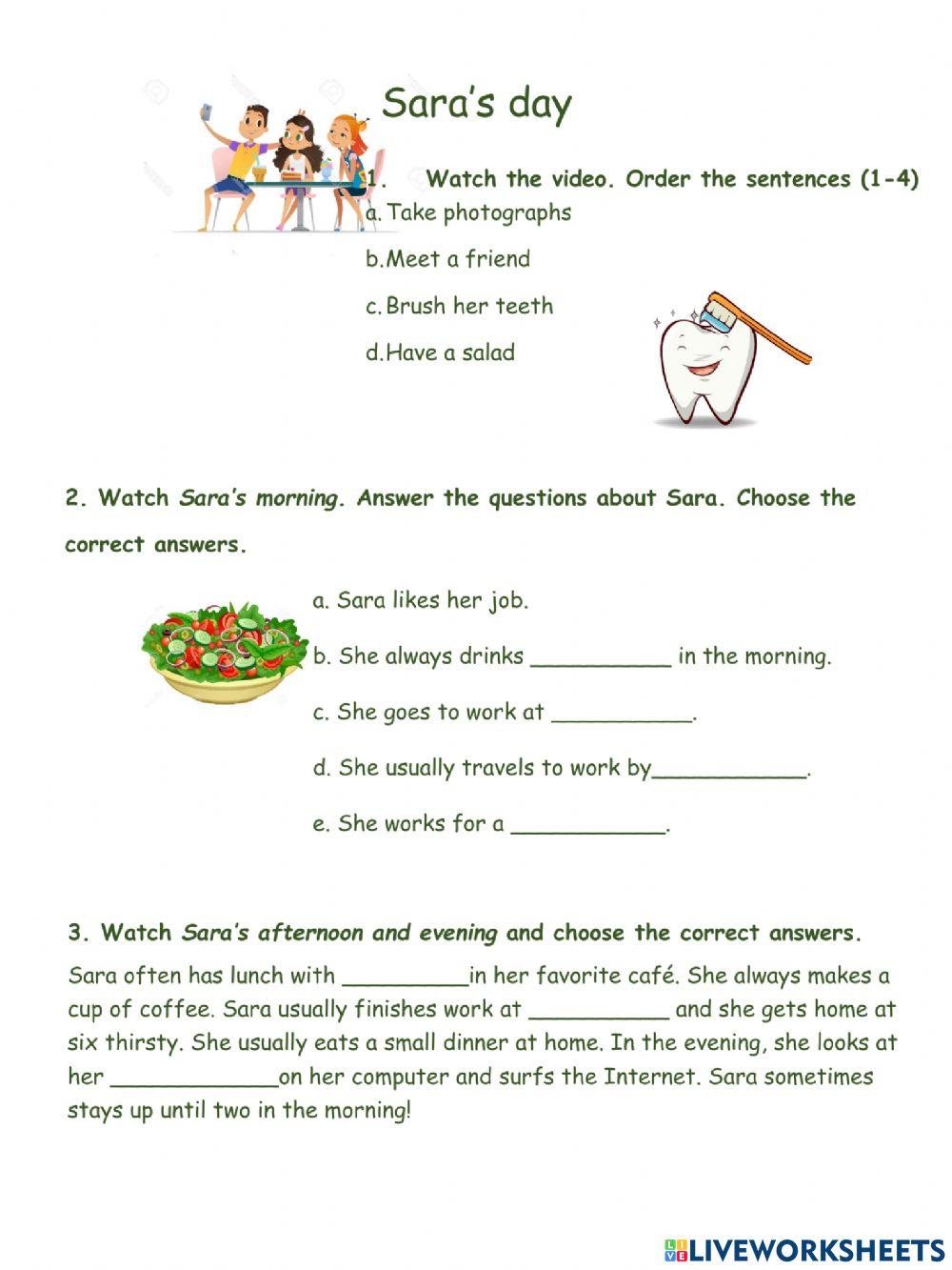 A21 video 6 - Sara's day worksheet | Live Worksheets