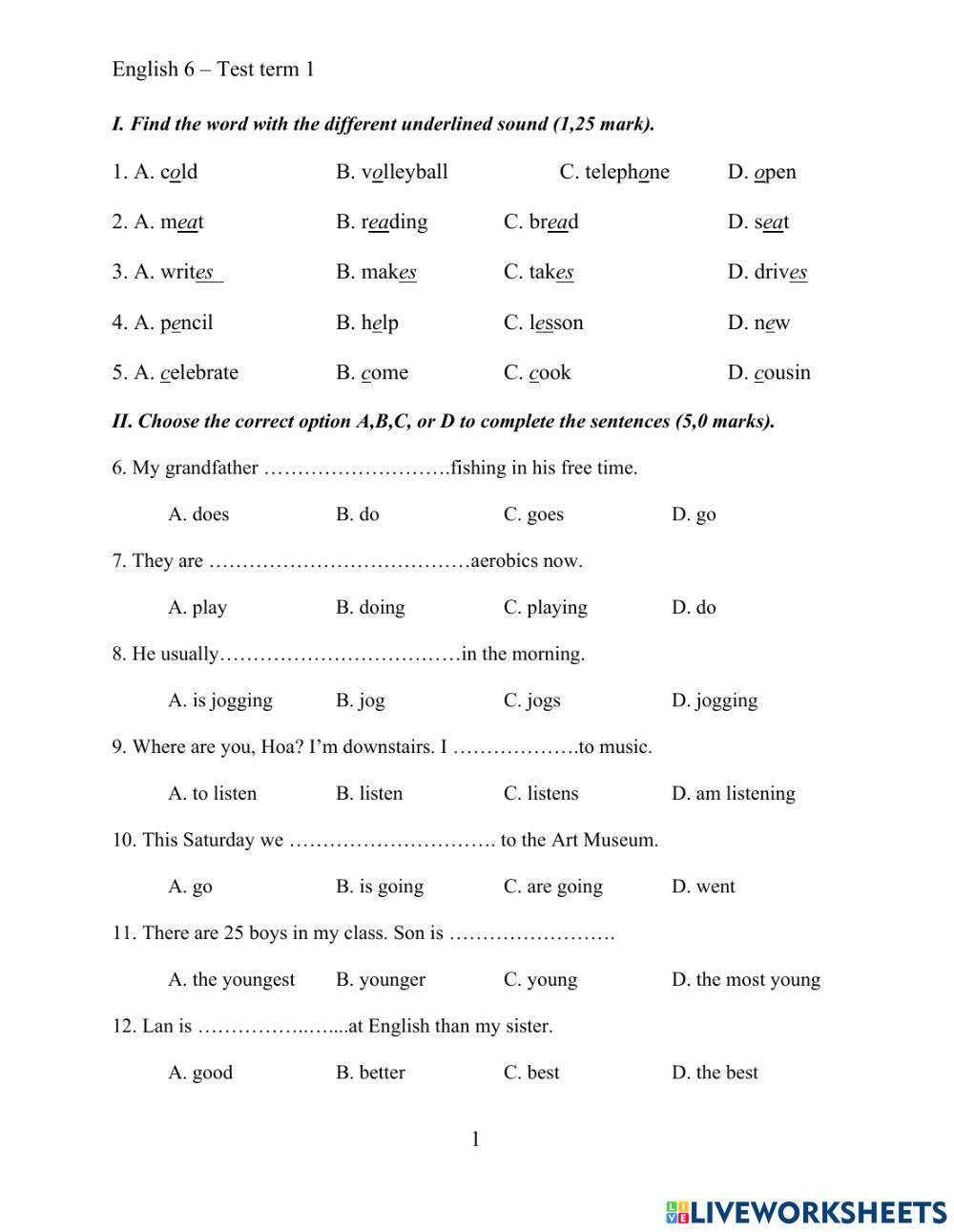 English 6 online worksheet for 6 | Live Worksheets