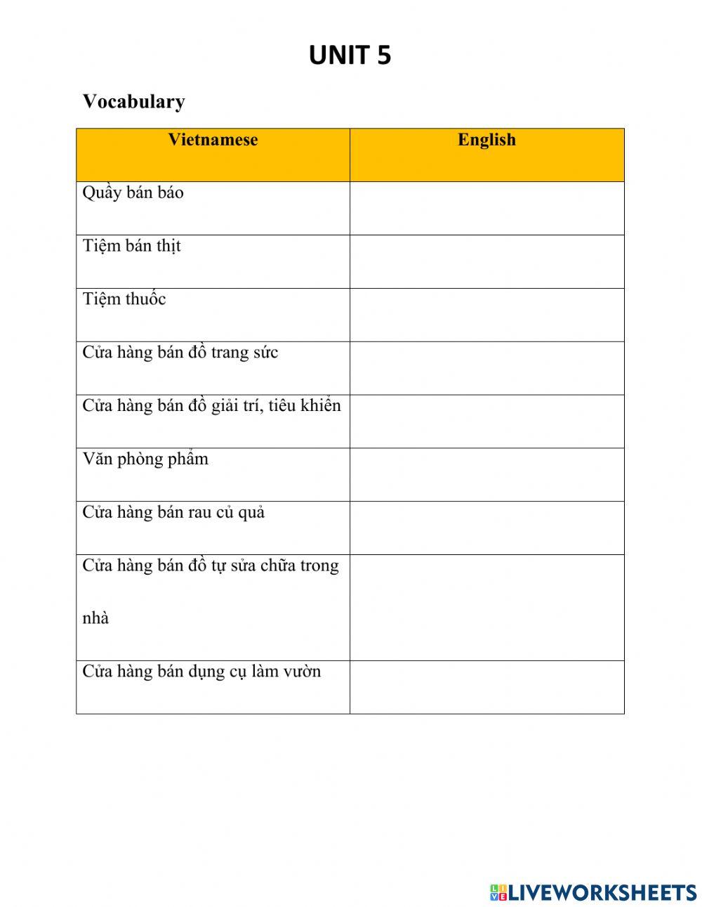 Unit test 5 worksheet | Live Worksheets