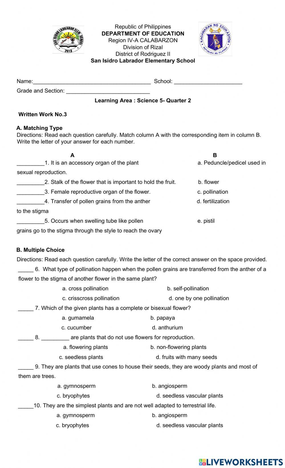 SCIENCE 5 WRITTEN WORK 3(2ND QUARTER) online exercise for | Live Worksheets