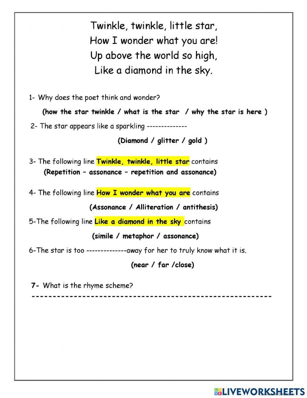 Poetry online exercise for 5 | Live Worksheets