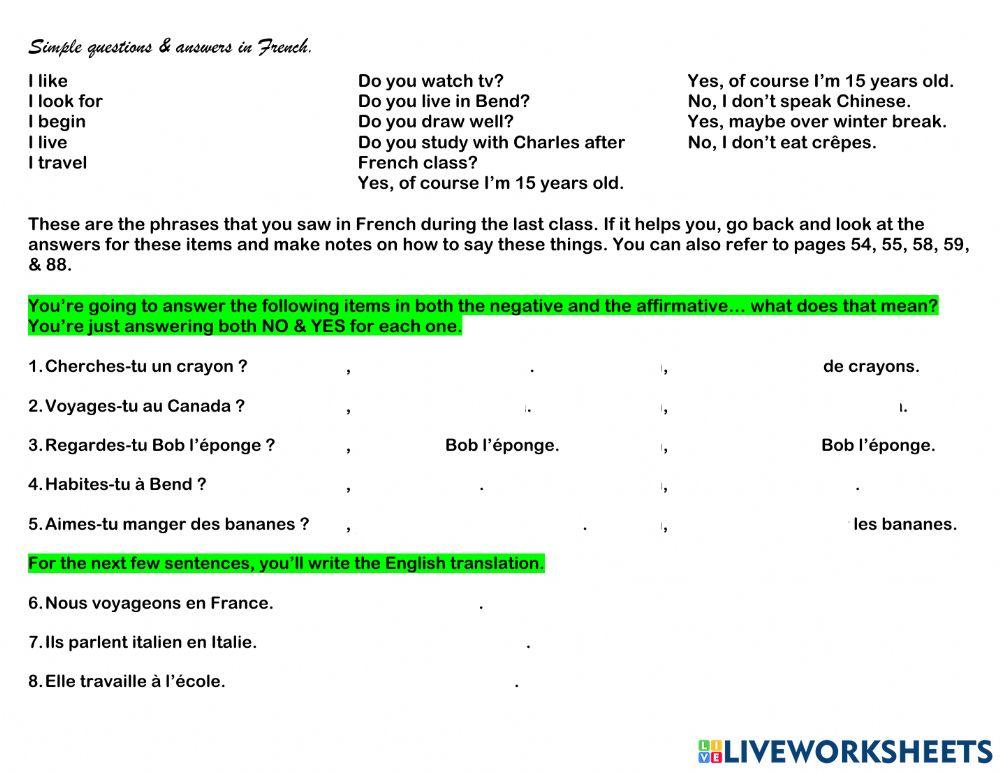 Les questions et réponses simples worksheet | Live Worksheets