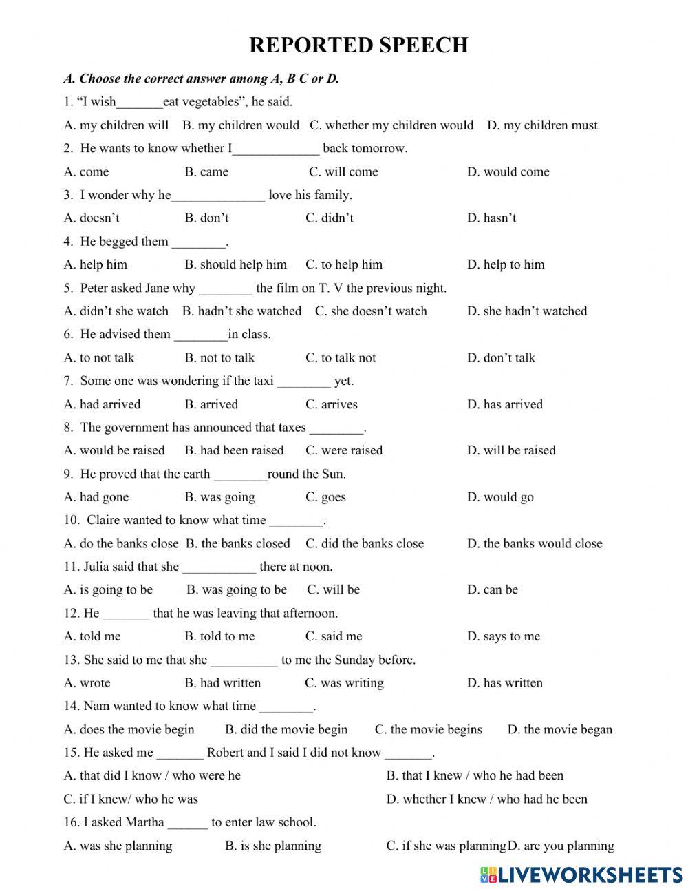 Reported Speech online exercise for Grade 12 | Live Worksheets