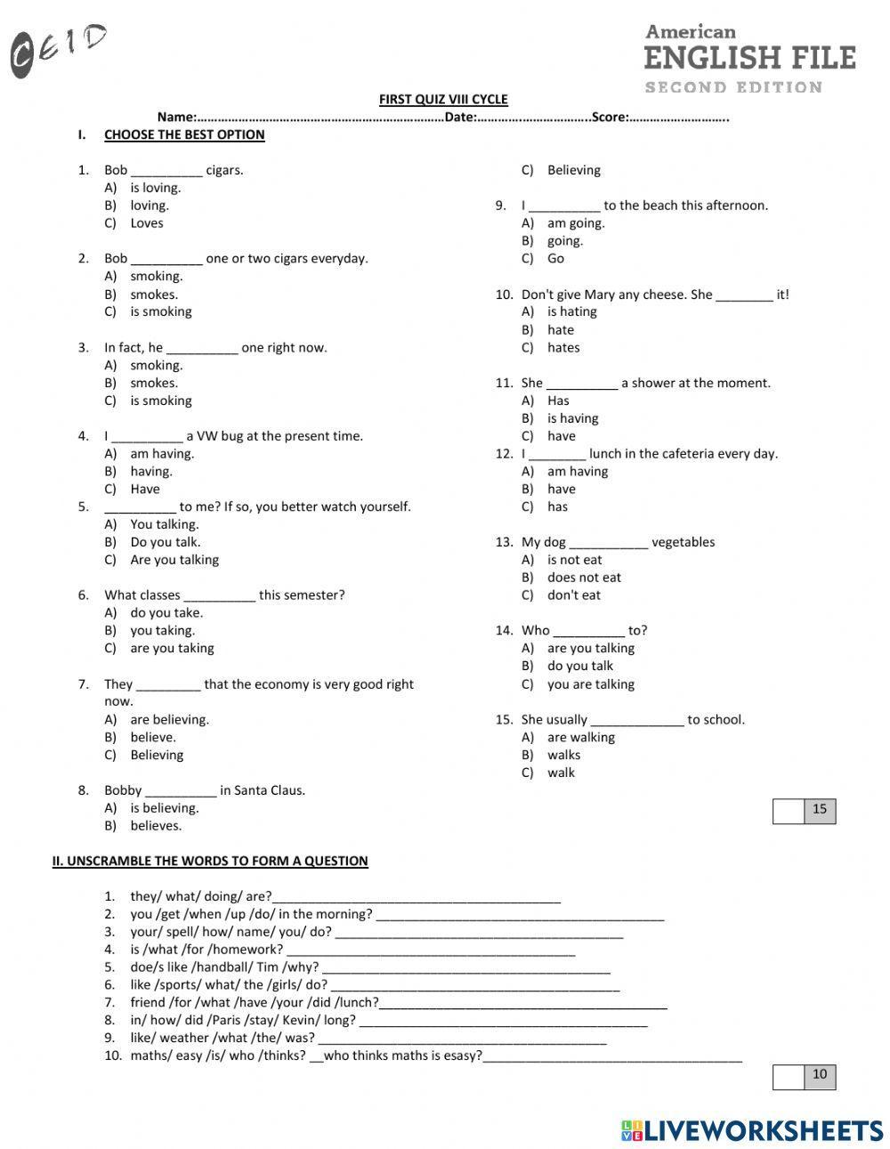 FIRST QUIZ VIII CYCLE worksheet | Live Worksheets