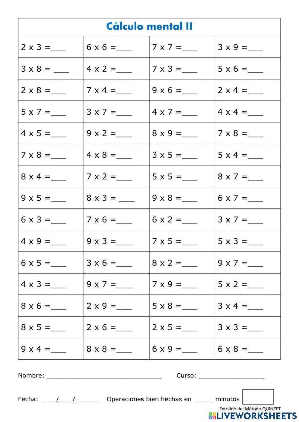 Calculo mental multiplicaciones ii worksheet | Live Worksheets