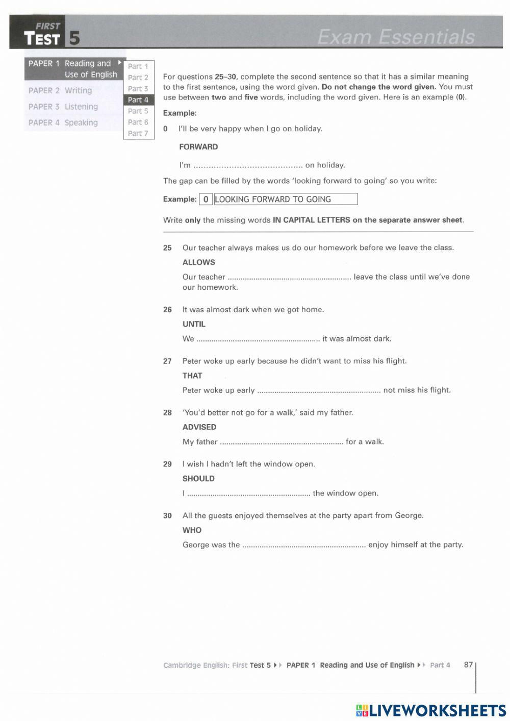 FCE Final Exam - Use of English (Parts 1, 2, 3 and 4) online exercise ...