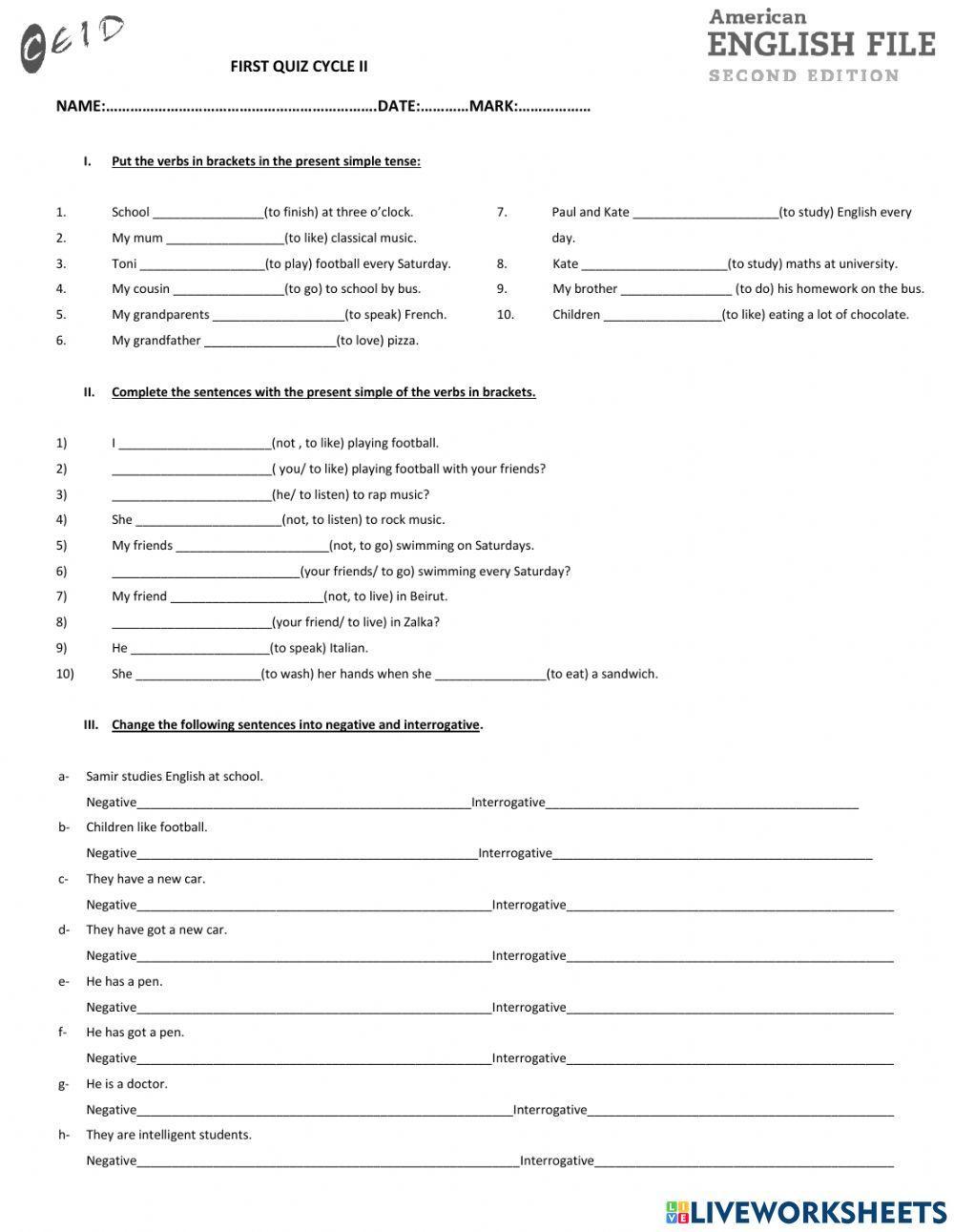 FIRST QUIZ II CYCLE worksheet | Live Worksheets