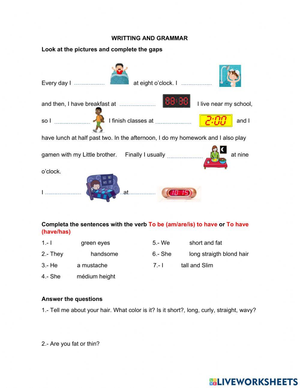 Writting and grammar worksheet | Live Worksheets