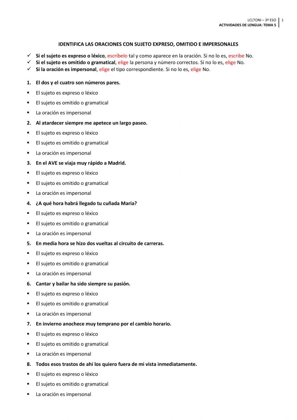 Oraciones impersonales y de sujeto léxico o gramatical.