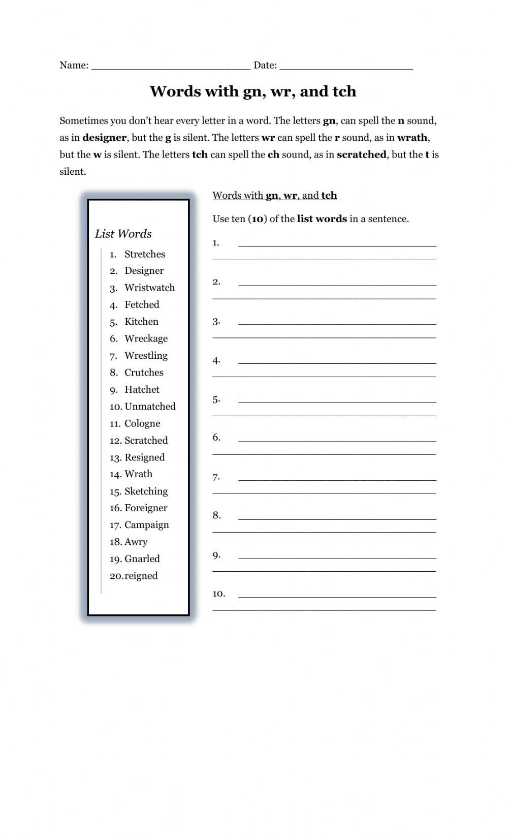Gn Words Worksheets