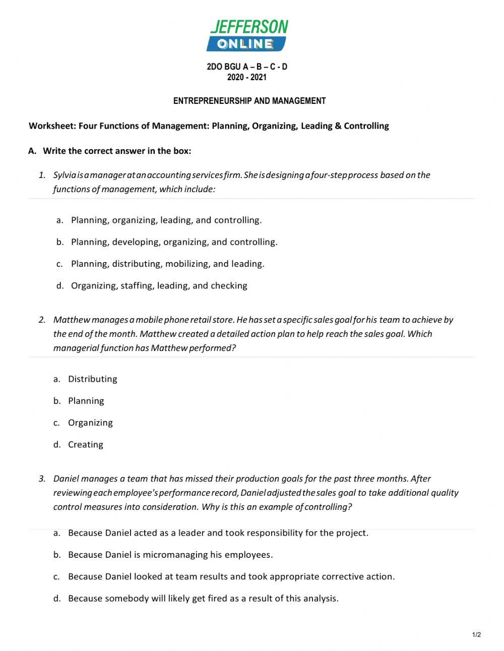 Functions of Management online exercise for | Live Worksheets