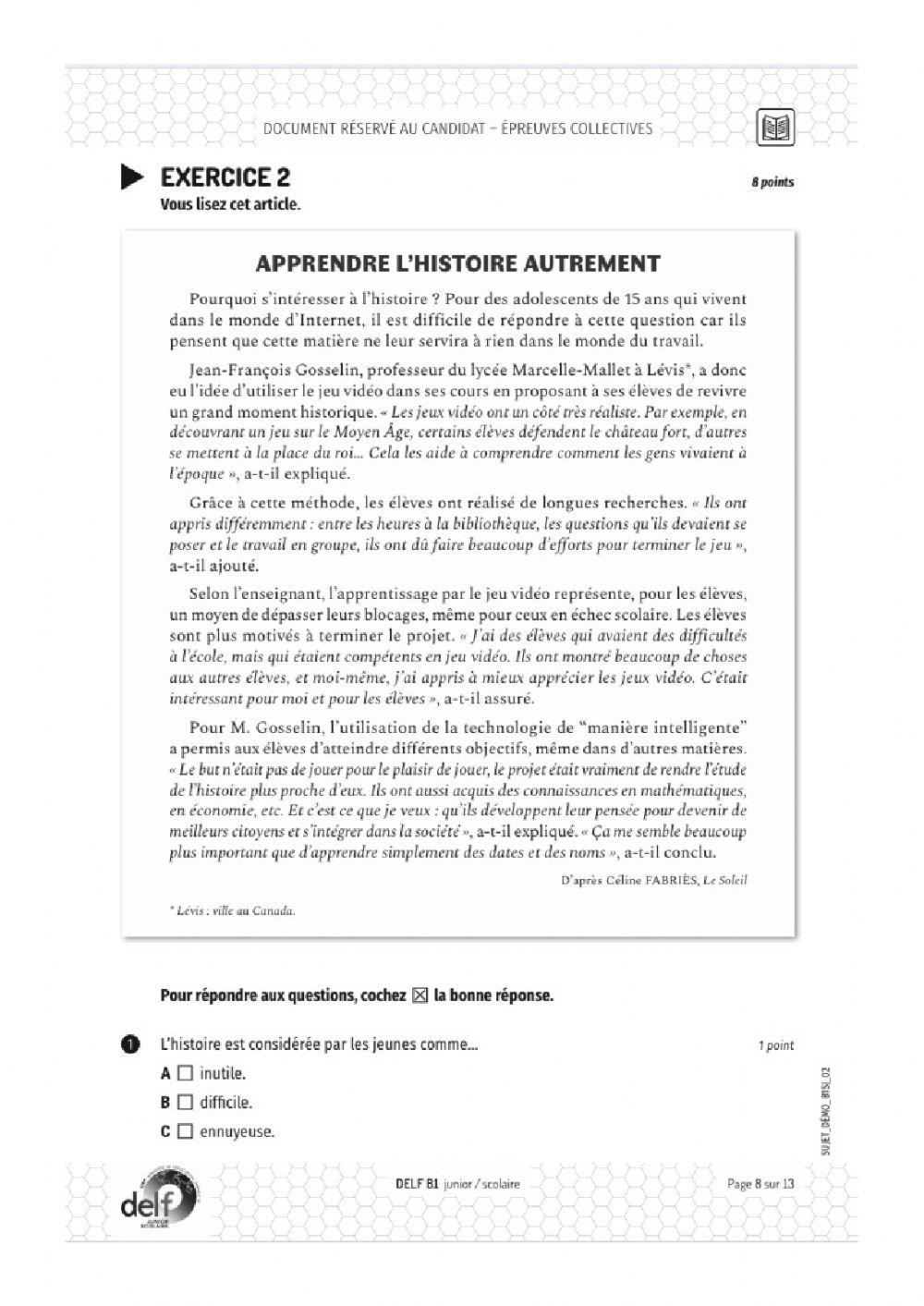 6394535 | Delf scolaire B1 Compréhension écrite model nou