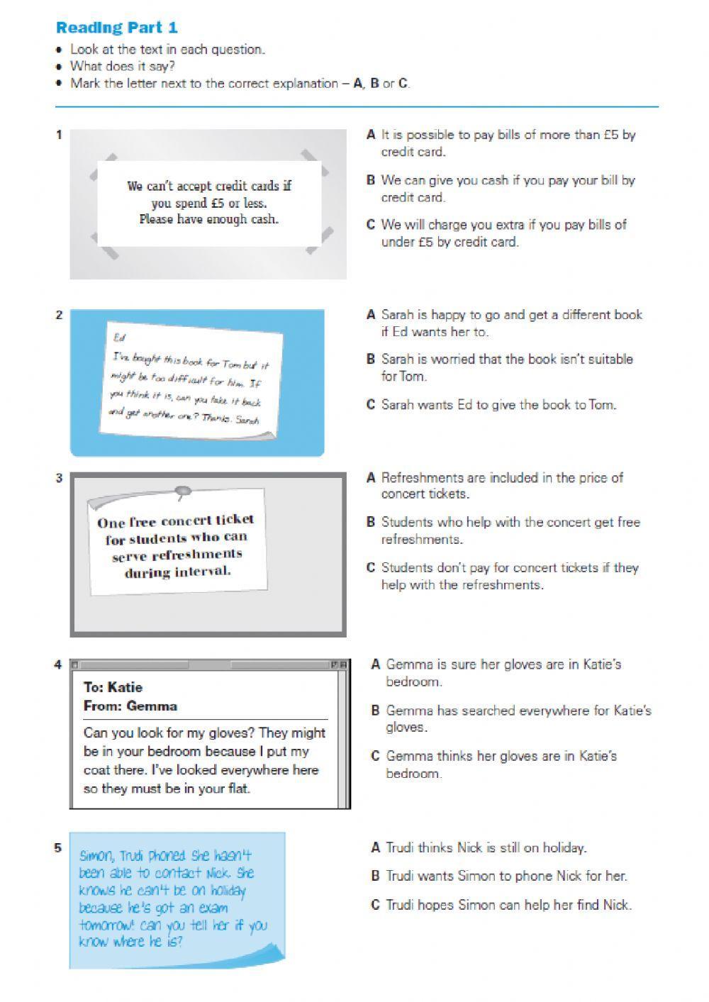 PET - Reading p… | Free Interactive Worksheets | 682635