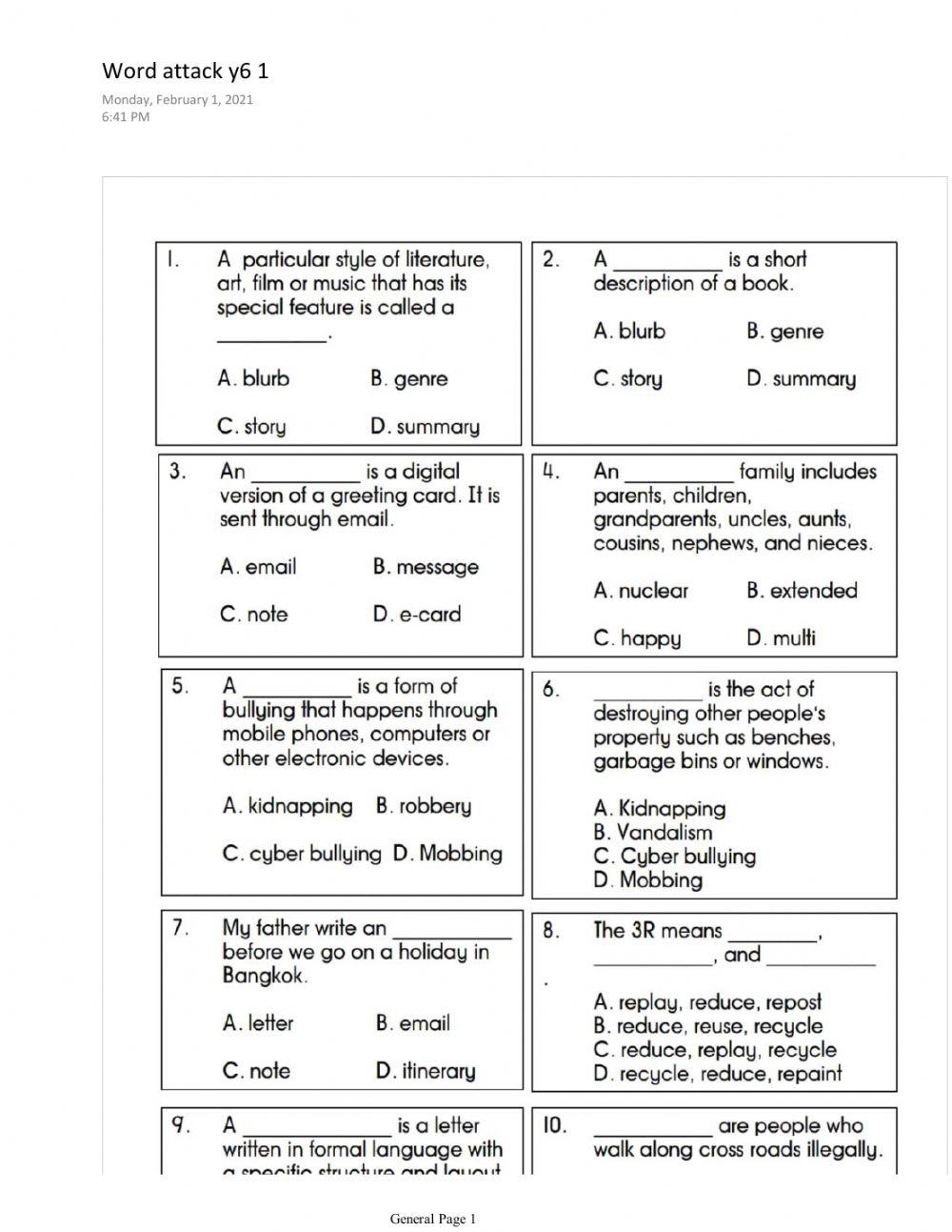 Year 6 word attack 1 worksheet | Live Worksheets